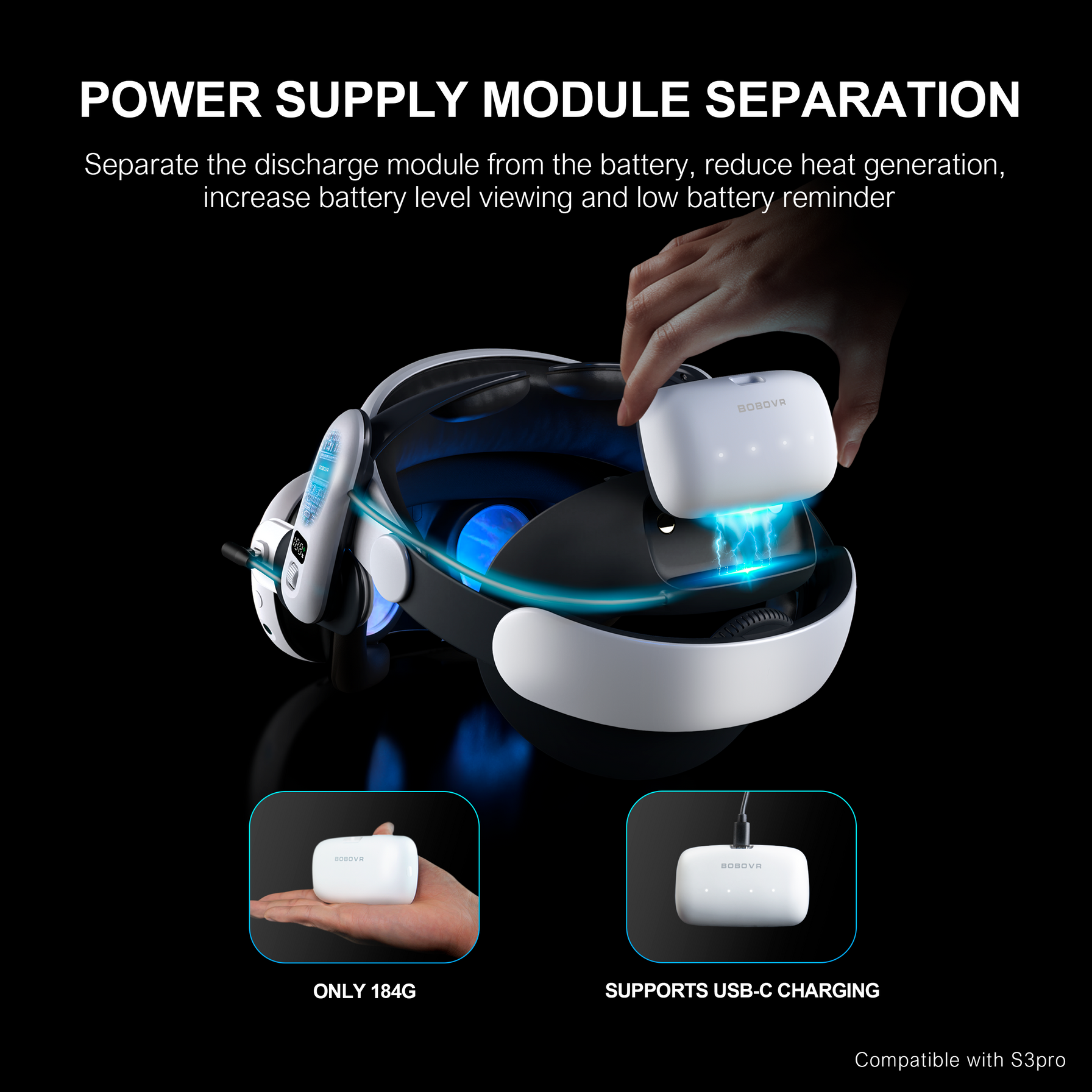 BOBOVR B100 Battery Pack for BOBOVR S3 Pro strap, 10000mAh capacity